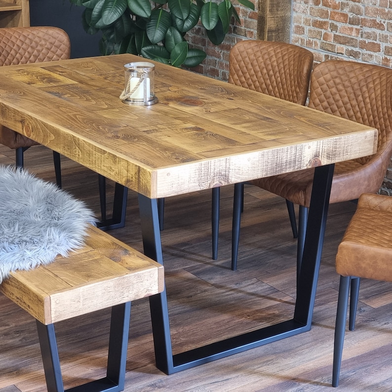 Boston VF Dining Table Solid Wood - Industrial V Frame Steel Legs - Modern Rustic Interior ...