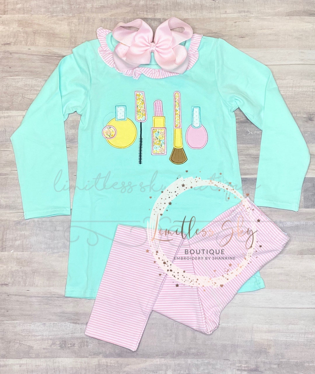 Girls Embroidered Outfit Makeup Applique Design Shirt & Pant Set - Etsy