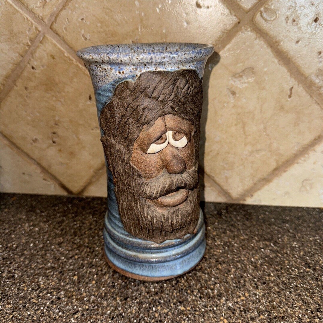 Handmade Pottery 8” Ugly Face Mustache Mug Vase Blue W Handle Karlinsey ...