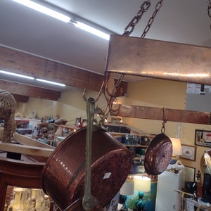 Vintage Copper Rectangular Hanging Pot Rack With 5 Piece Copper and ...