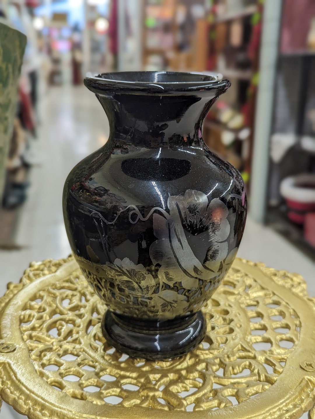 Vintage Midnight Black With Silver Flower Motif Glass Vase Handpainted ...