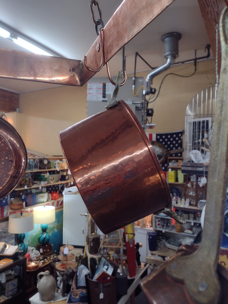 Vintage Copper Rectangular Hanging Pot Rack With 5 Piece Copper and ...