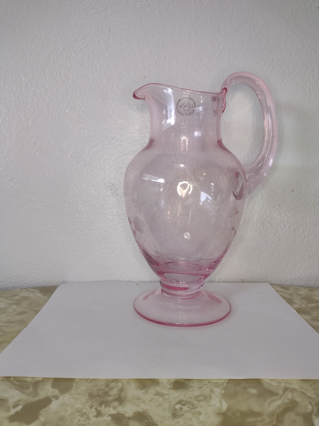Opaque Pink Glass Lenox Pitcher With Butterflies and Flowers Etched ...
