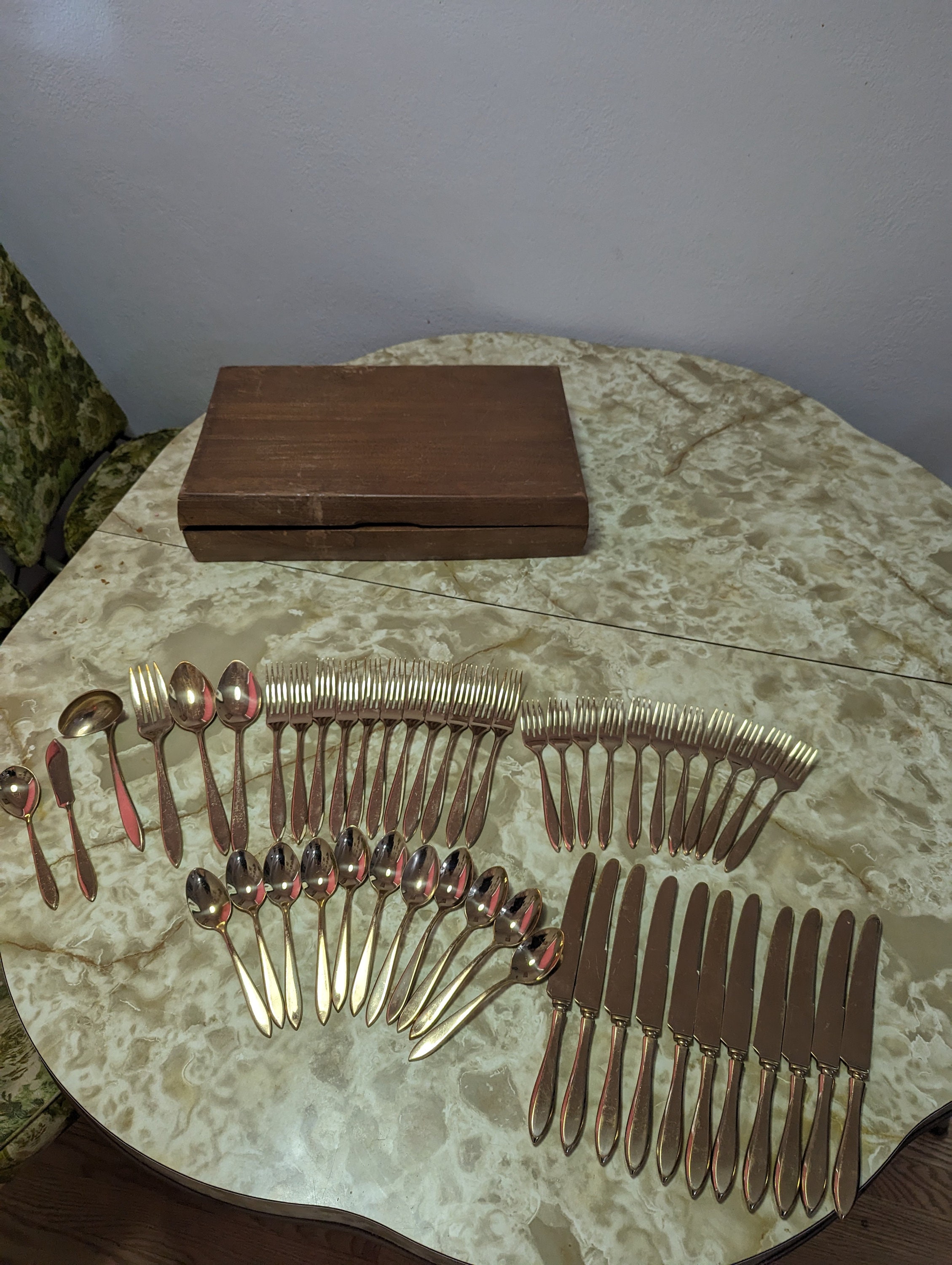 Antique Dirilyte Dirigold 50 Piece Fancy Flatware Set Mcm With Original Box 11 Person Complete ...
