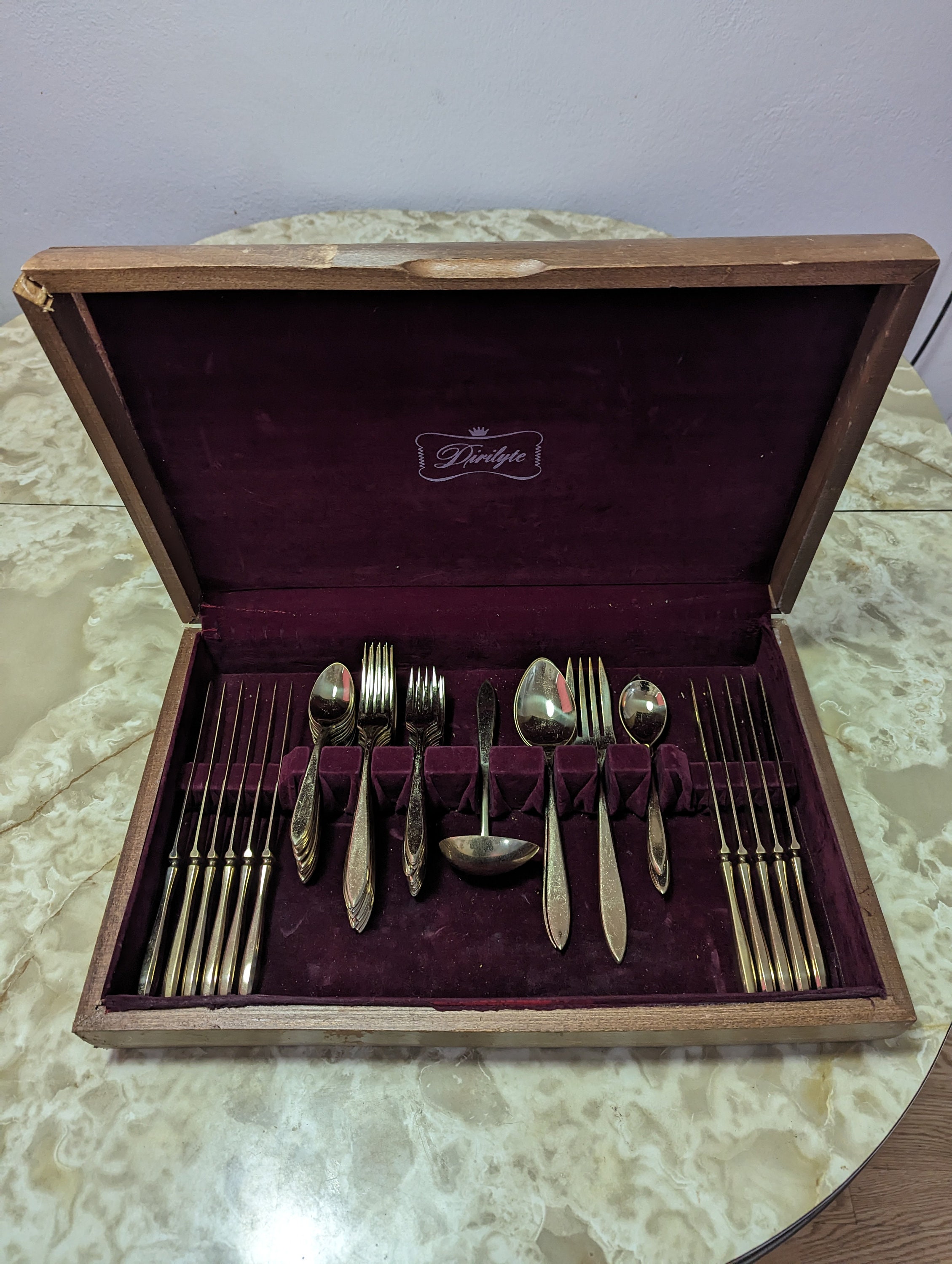 Antique Dirilyte Dirigold 50 Piece Fancy Flatware Set Mcm With Original Box 11 Person Complete ...