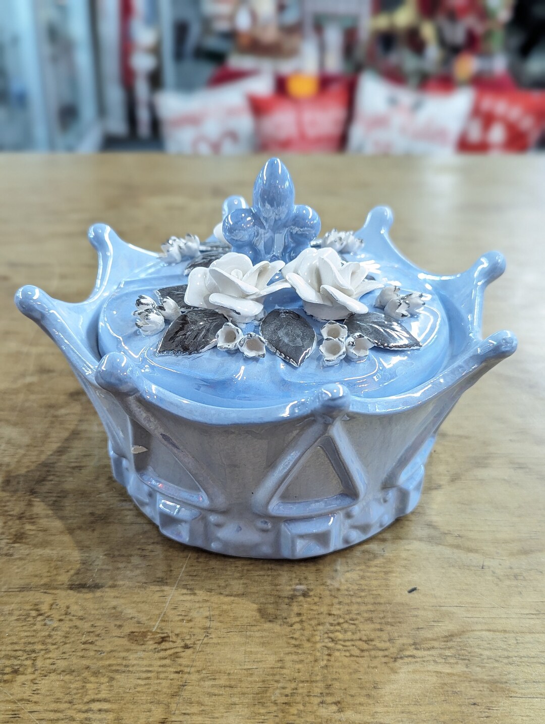 Vintage Frosted Swirl Blue Norcrest Crown Shaped Ceramic Trinket Box ...