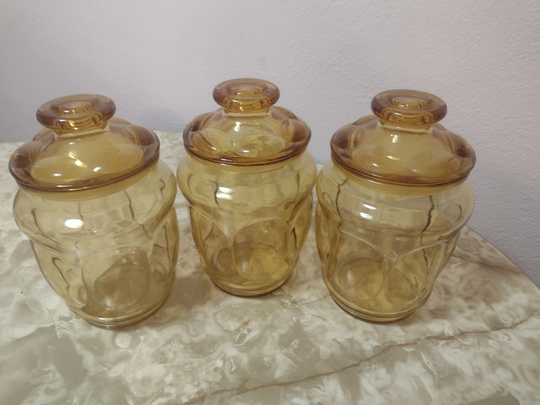Set of 3 1970s Amber Glass Cannisters Oval Circle Thumbprint Design - Etsy