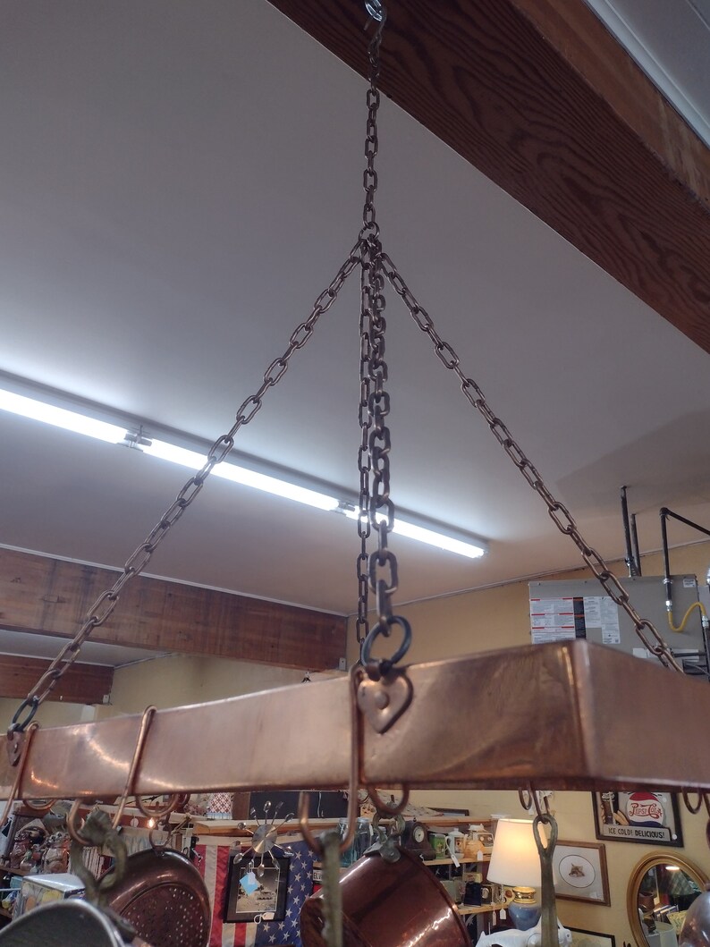 Vintage Copper Rectangular Hanging Pot Rack With 5 Piece Copper and ...