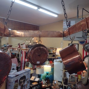 Vintage Copper Rectangular Hanging Pot Rack With 5 Piece Copper and ...