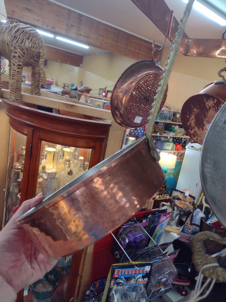 Vintage Copper Rectangular Hanging Pot Rack With 5 Piece Copper and ...
