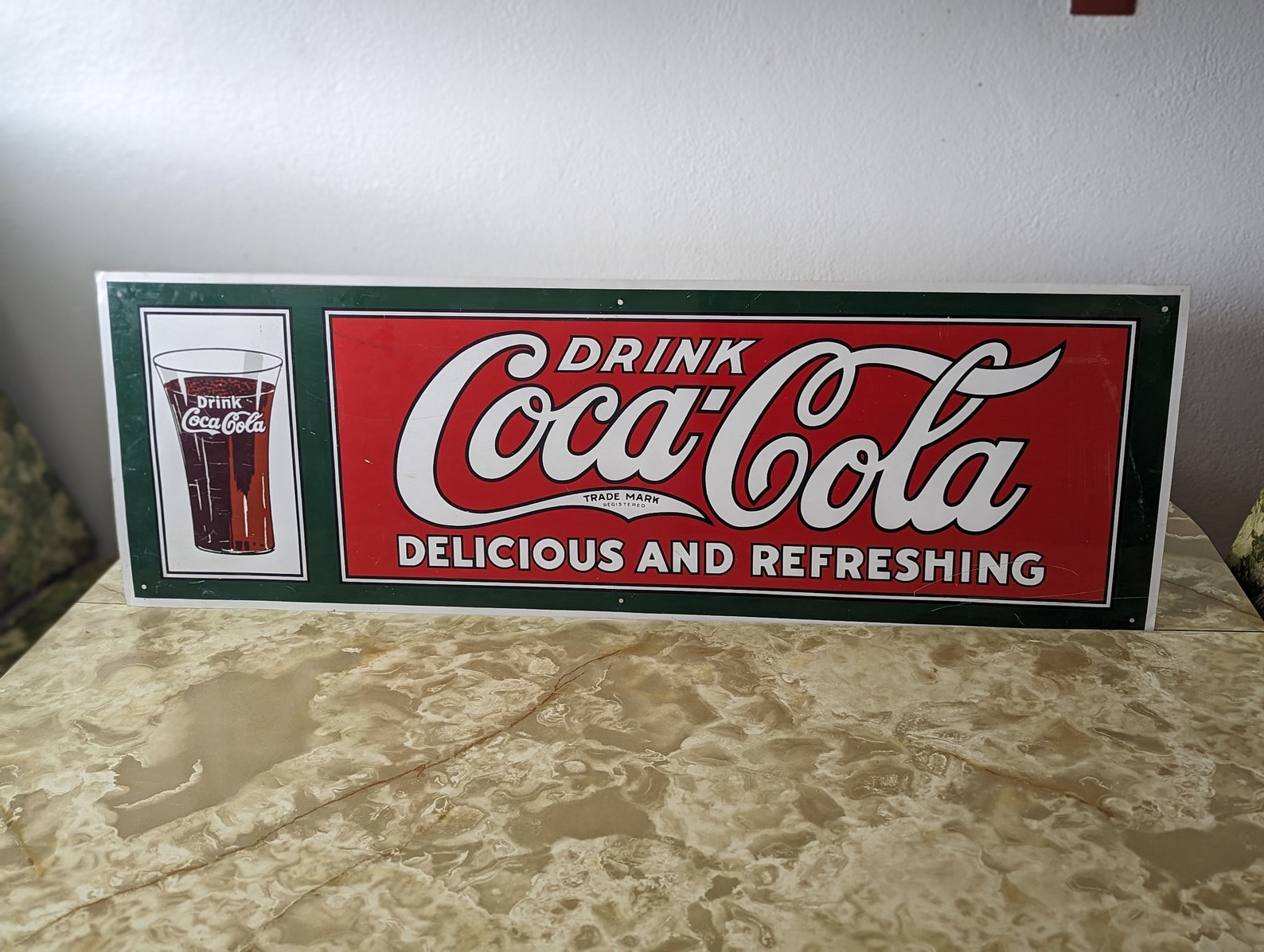 Vintage Metal Tin 36"x12" Coca Cola Delicious and Refreshing Sign Green ...