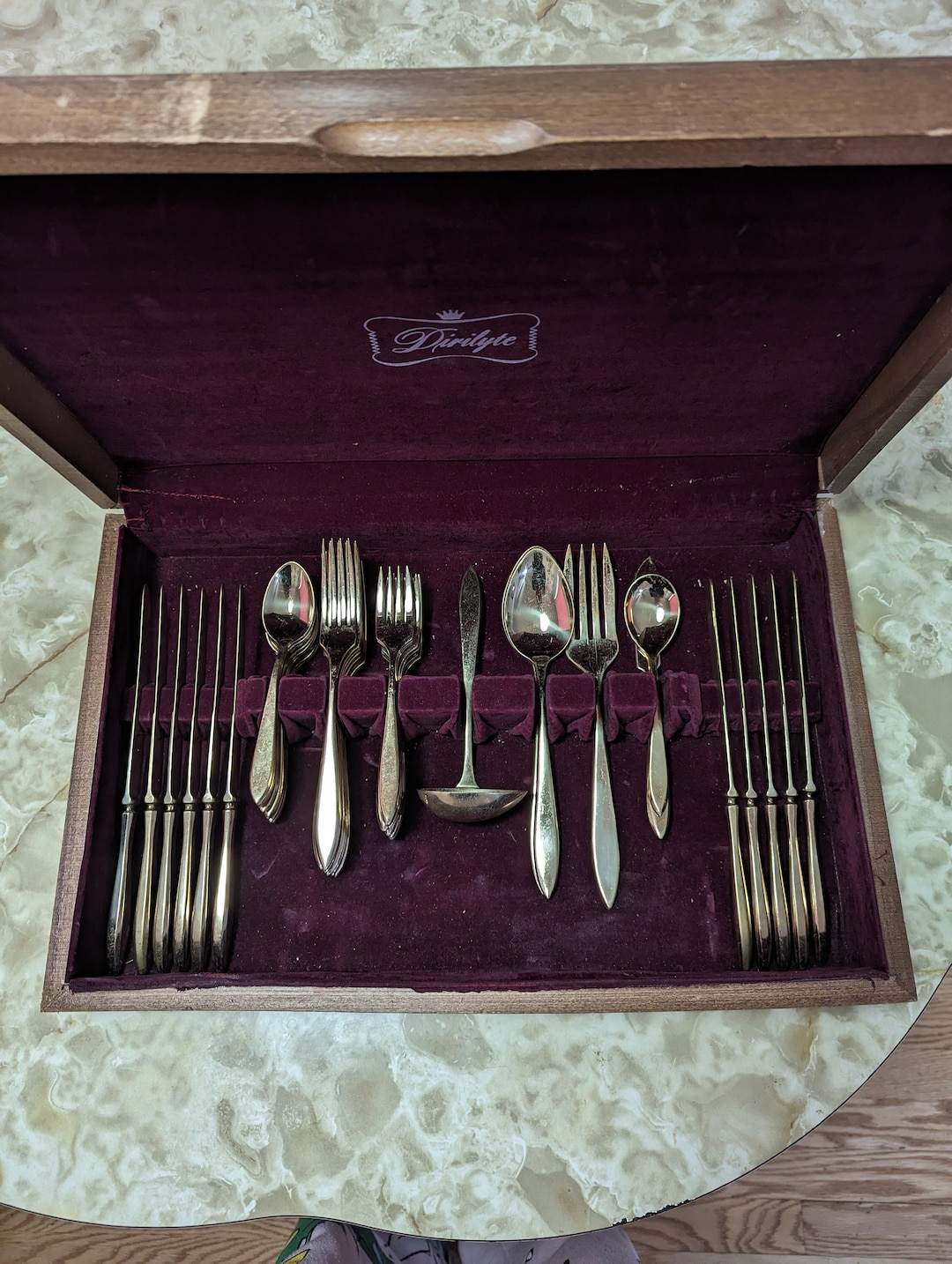 Antique Dirilyte Dirigold 50 Piece Fancy Flatware Set Mcm With Original Box 11 Person Complete ...