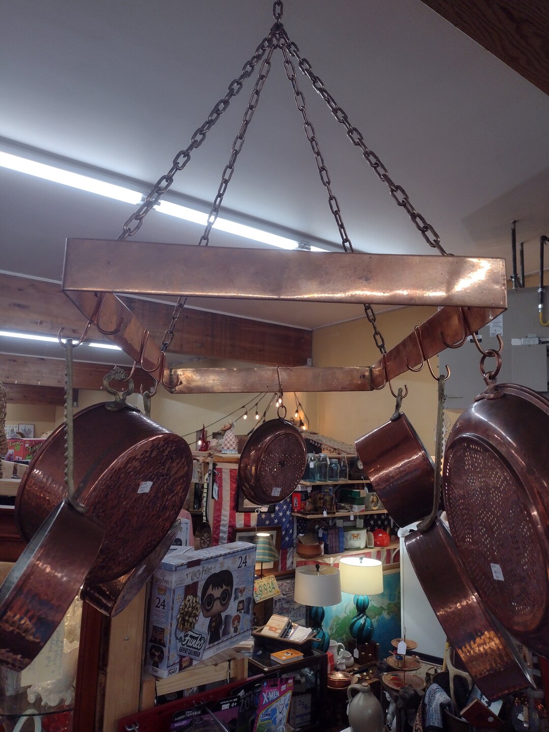 Vintage Copper Rectangular Hanging Pot Rack With 5 Piece Copper and ...