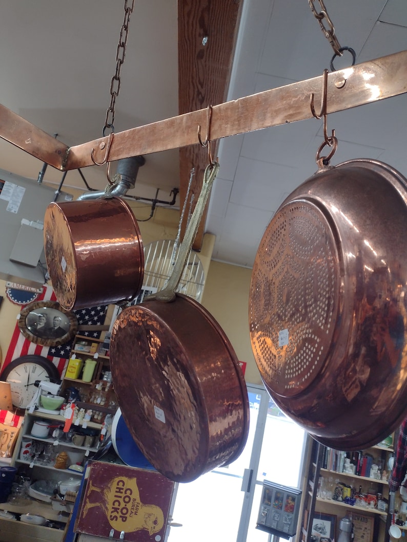 Vintage Copper Rectangular Hanging Pot Rack With 5 Piece Copper and ...