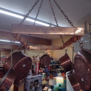 Vintage Copper Rectangular Hanging Pot Rack With 5 Piece Copper and ...
