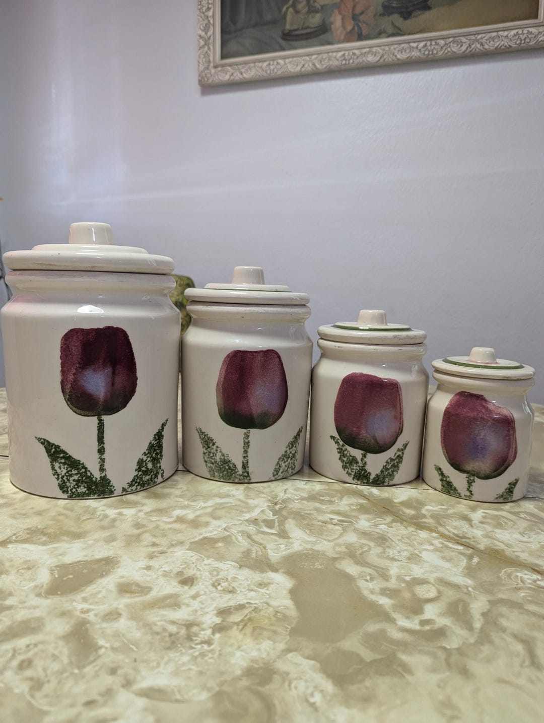 Set of 4 Vintage Hartstone U.S.A. Pottery Red/pink and Green Tulip Hand ...