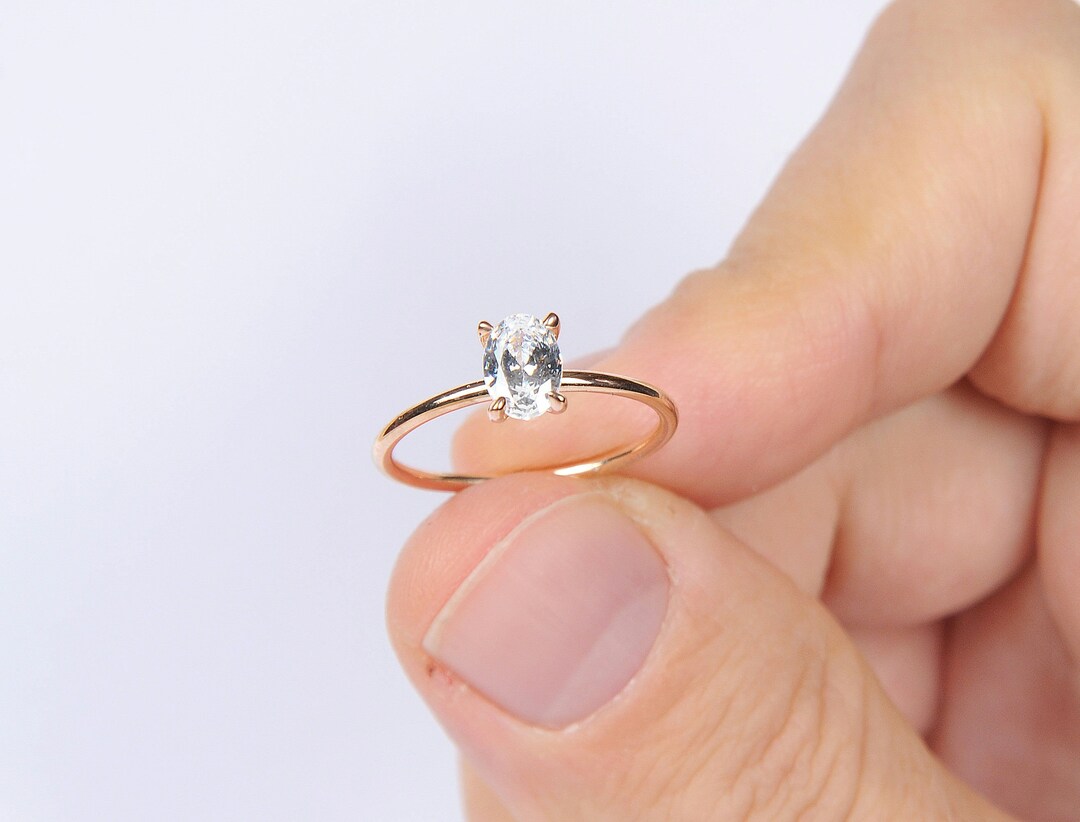 Oval Solitaire Ring, Oval Engagement Ring, 14K Gold Solitaire Ring, CZ ...