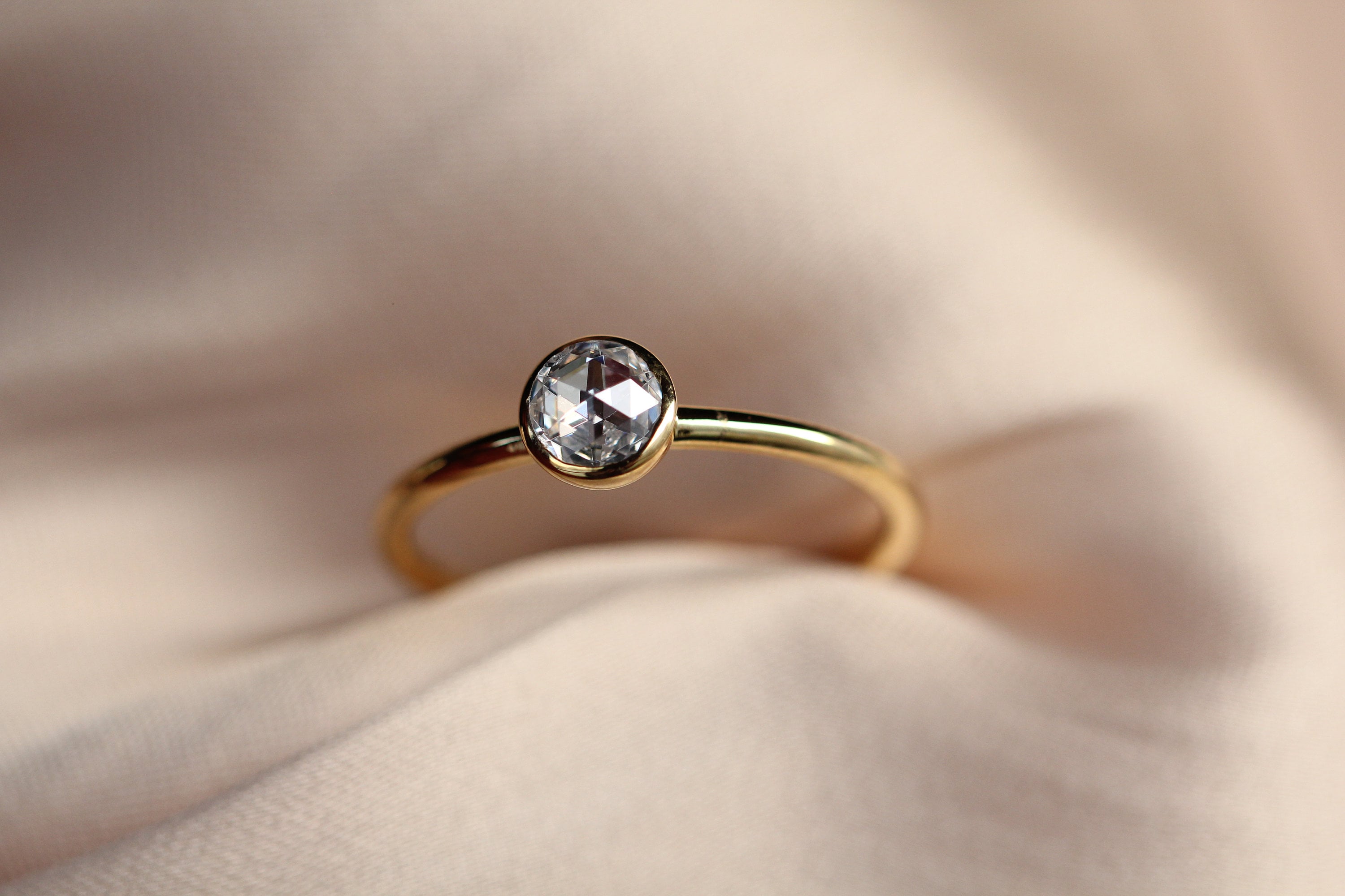 Round Bezel Engagement Ring 14K Solid Gold Bezel Ring | Etsy