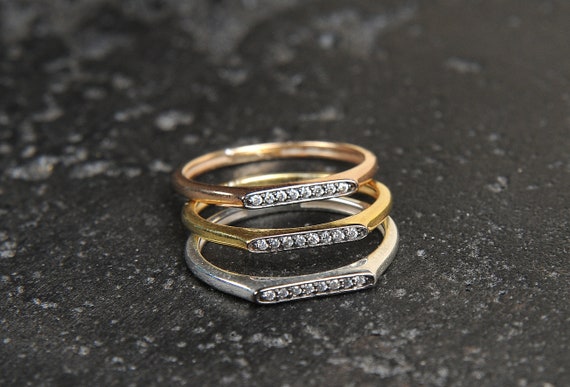 Pave Diamond Bar Ring Micro Pave Ring 14K Solid Gold Diamond - Etsy