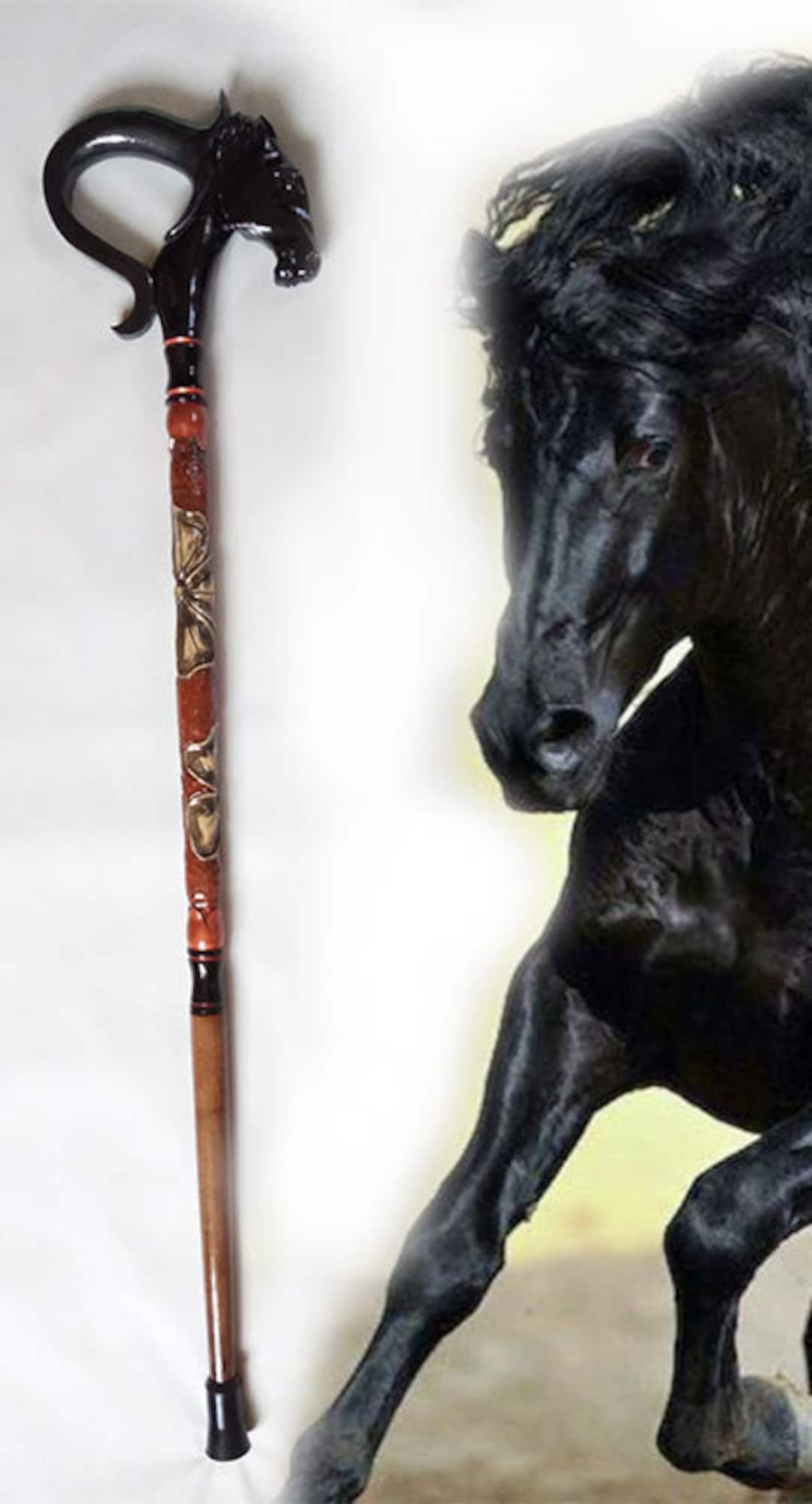 Wooden Cane Horse Black Carved Handle and Staff Wood Walking Stick Hand ...
