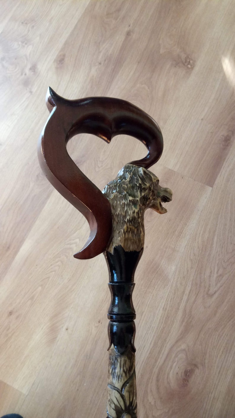 Wooden Cane Wolf Carved Handle and Staff Wood Walking Stick | Etsy