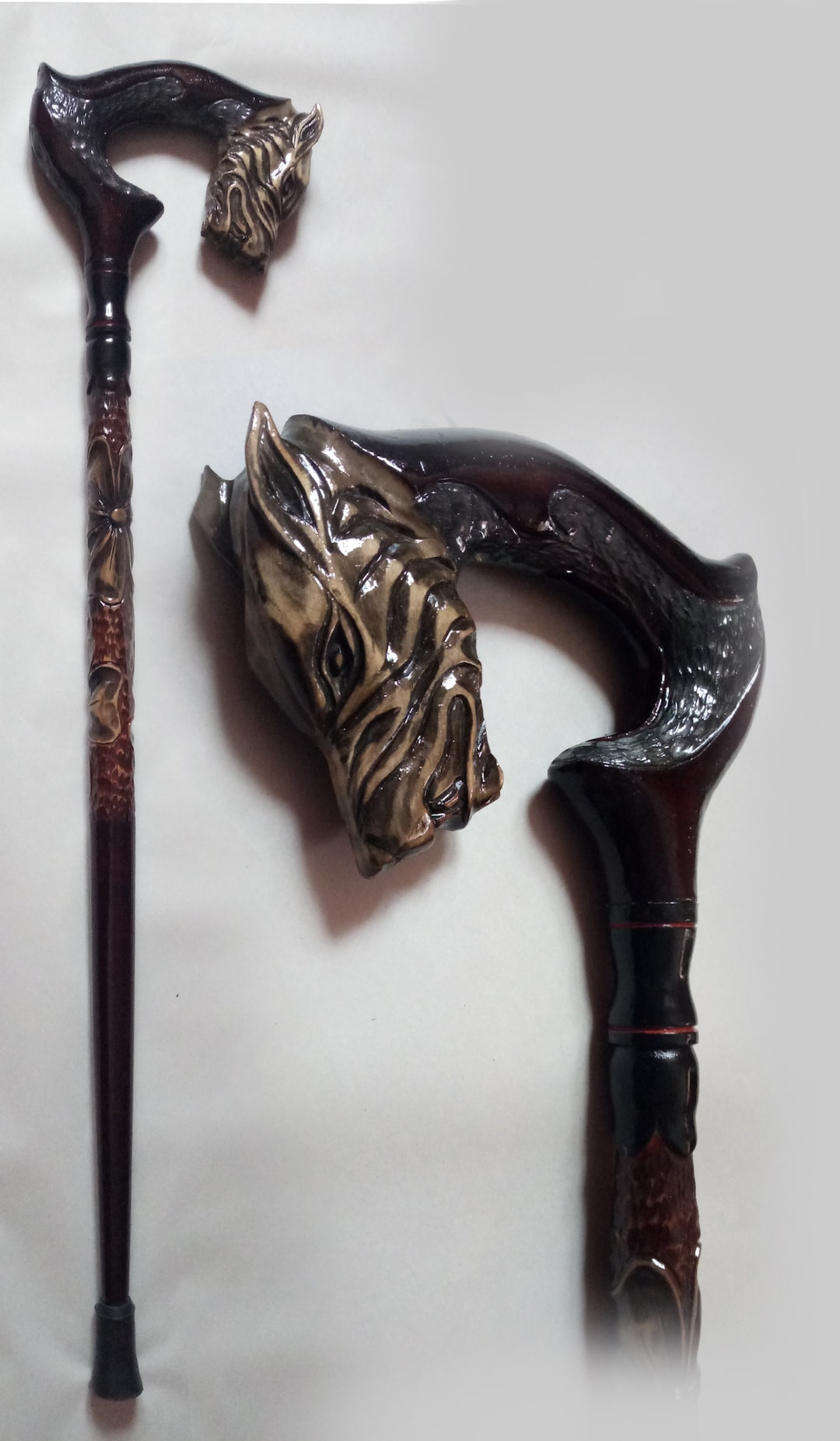 Wooden Cane Wolf Carved Handle and Staff Wood Walking Stick Hand Carved ...