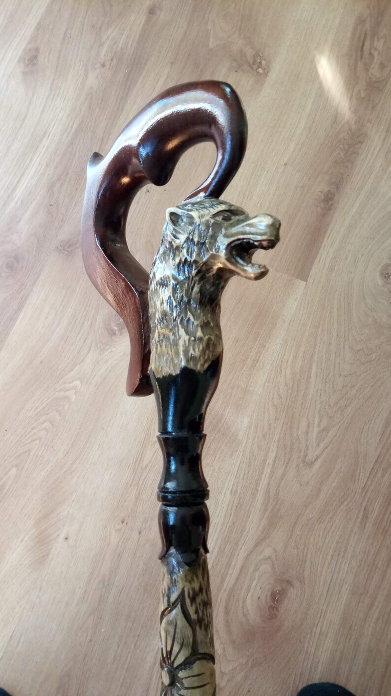Wooden Cane Wolf Carved Handle and Staff Wood Walking Stick | Etsy