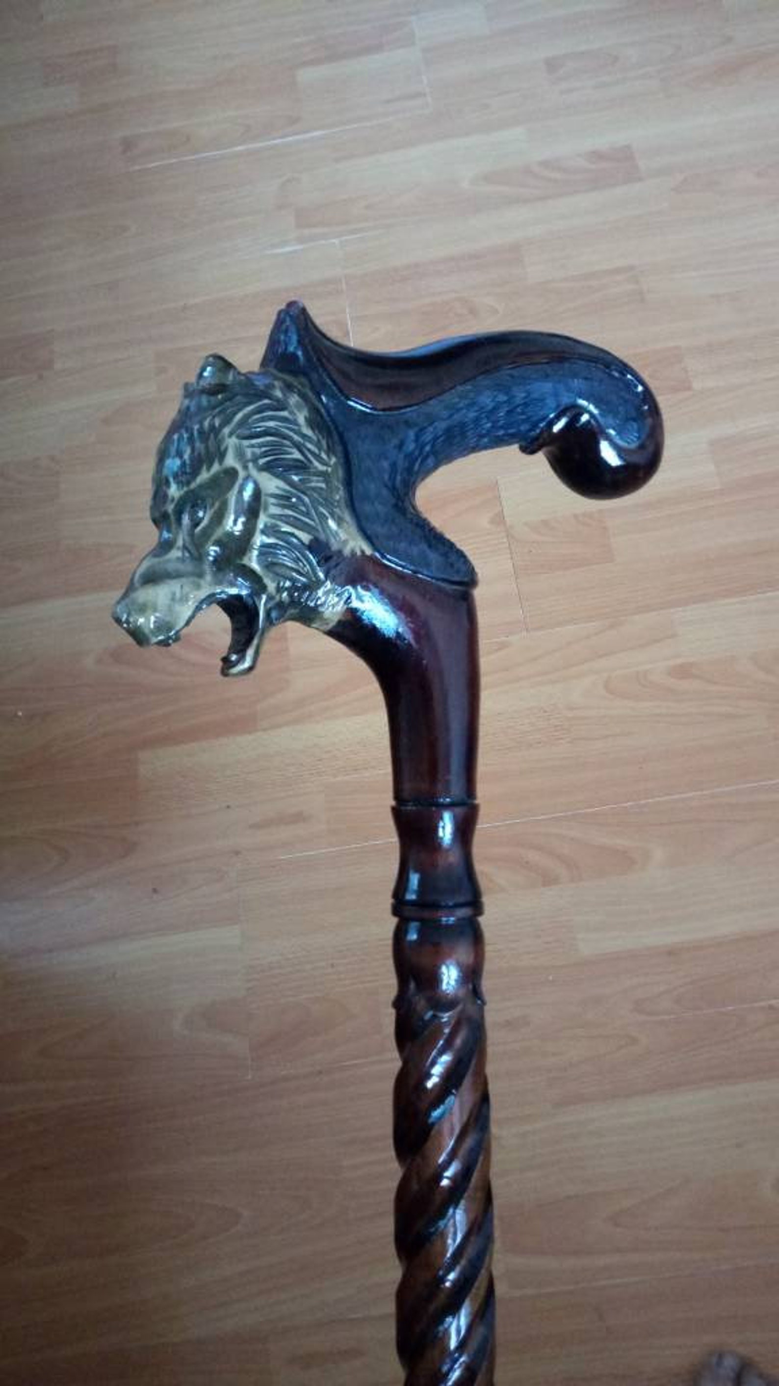 Walking Cane Wolf Carved Handle and Staff Wood Walking Stick Hand ...