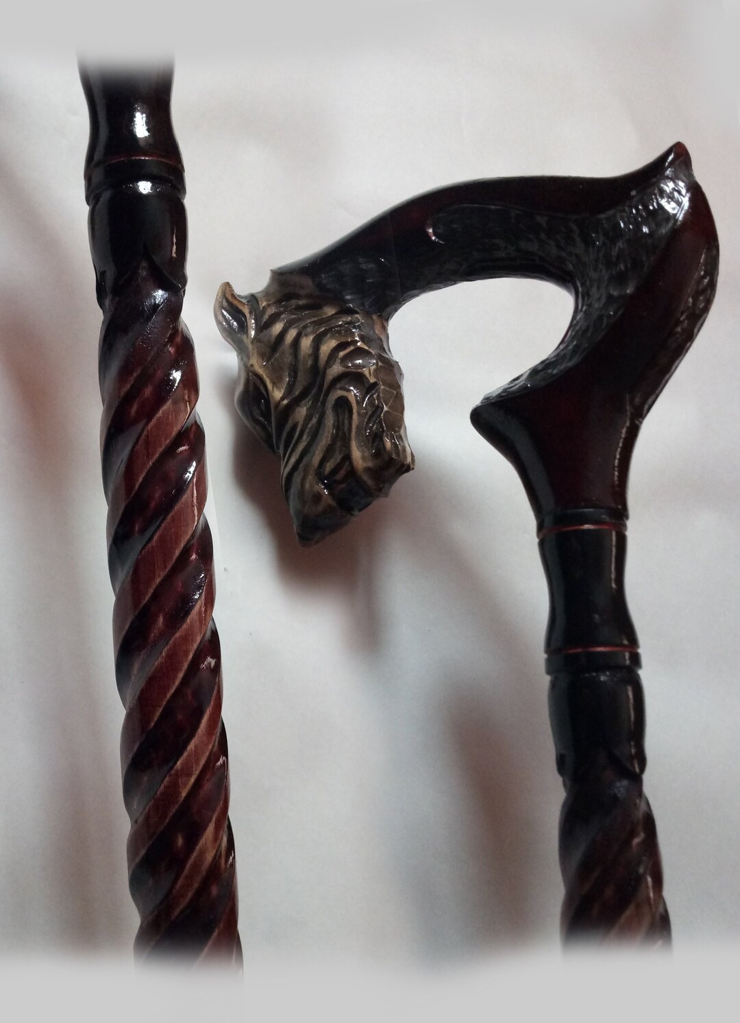 Wooden Cane Wolf Carved Handle and Staff Wood Walking Stick Hand Carved ...