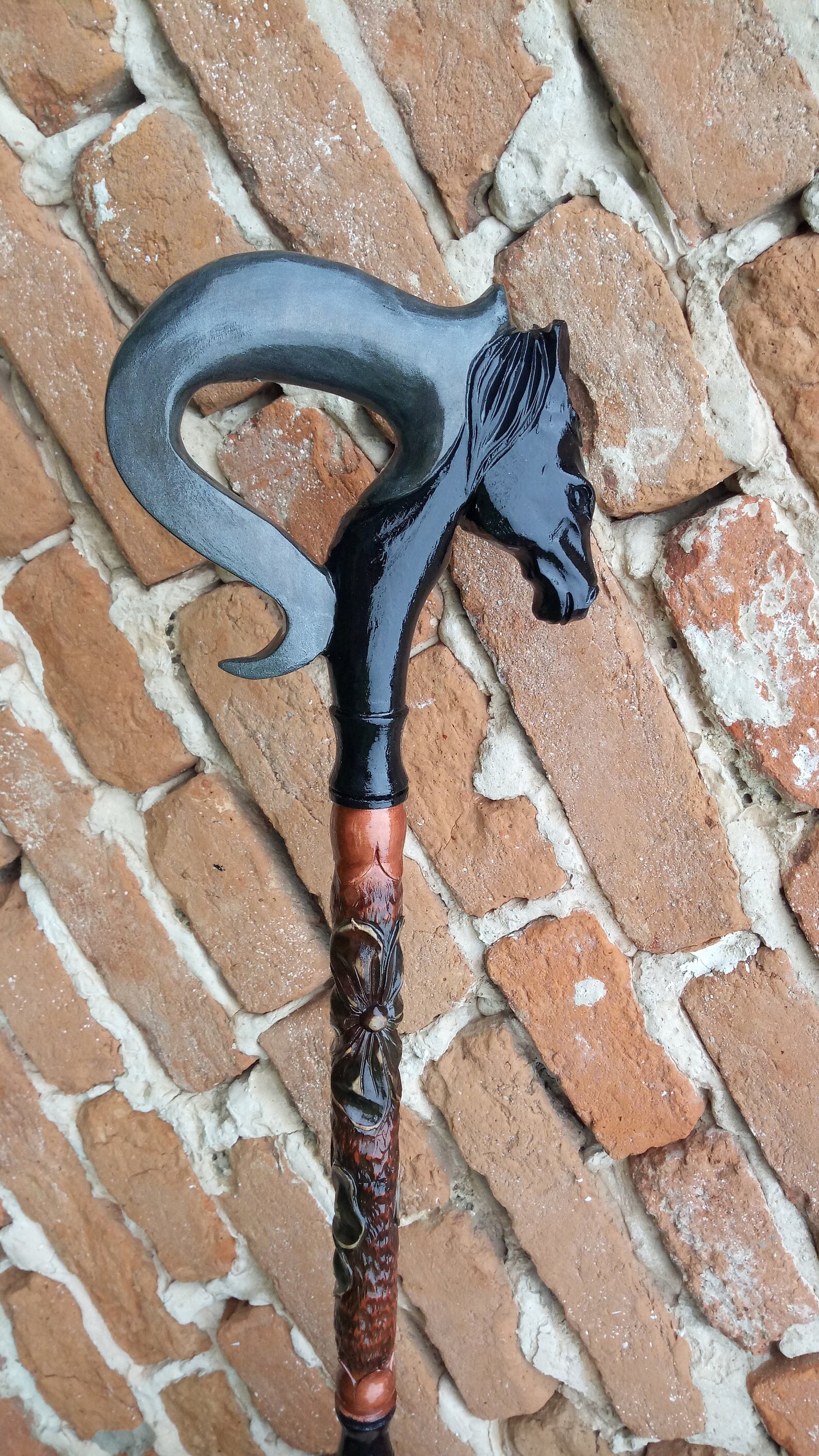 Wooden Cane Horse Black Carved Handle and Staff Wood Walking Stick Hand ...