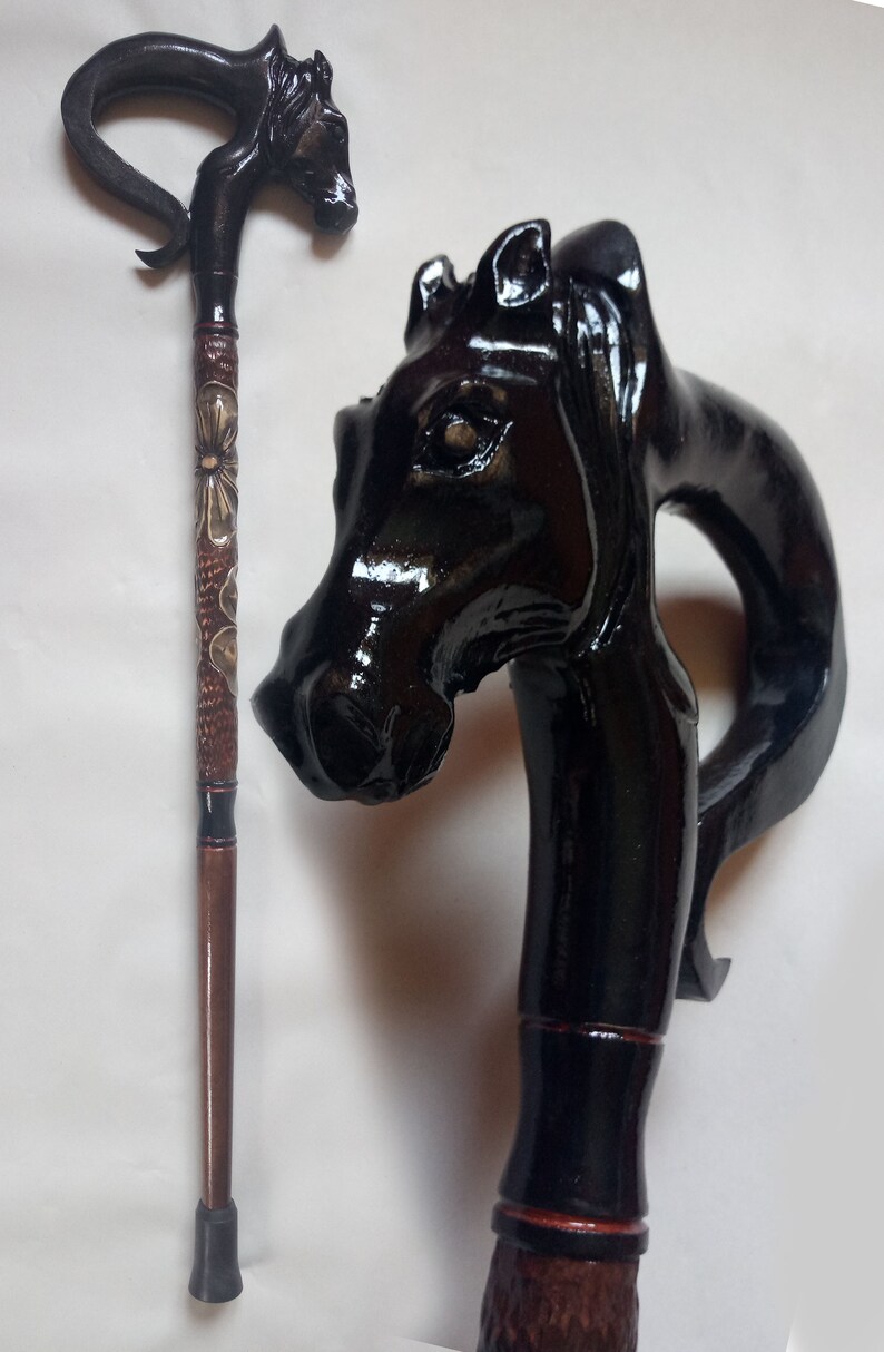 Wooden cane Horse black Carved handle and staff Wood walking | Etsy