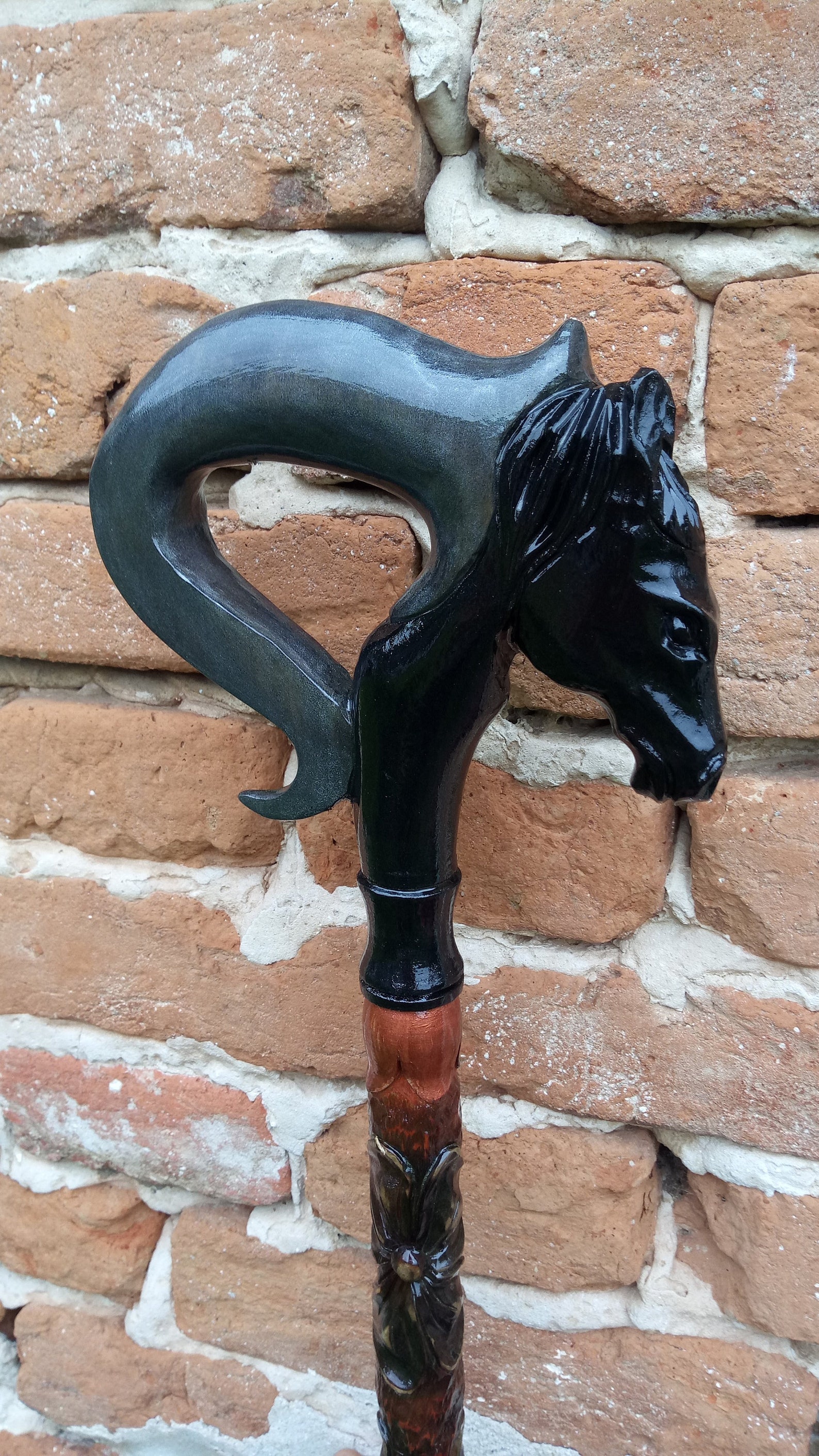 Wooden Cane Horse Black Carved Handle and Staff Wood Walking Stick Hand ...