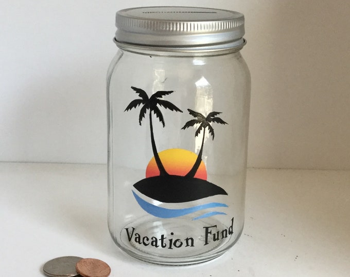 32oz 1 Qt Dollar Coin Money Slot Lid Glass Mason Jar Custom Vinyl Text ...