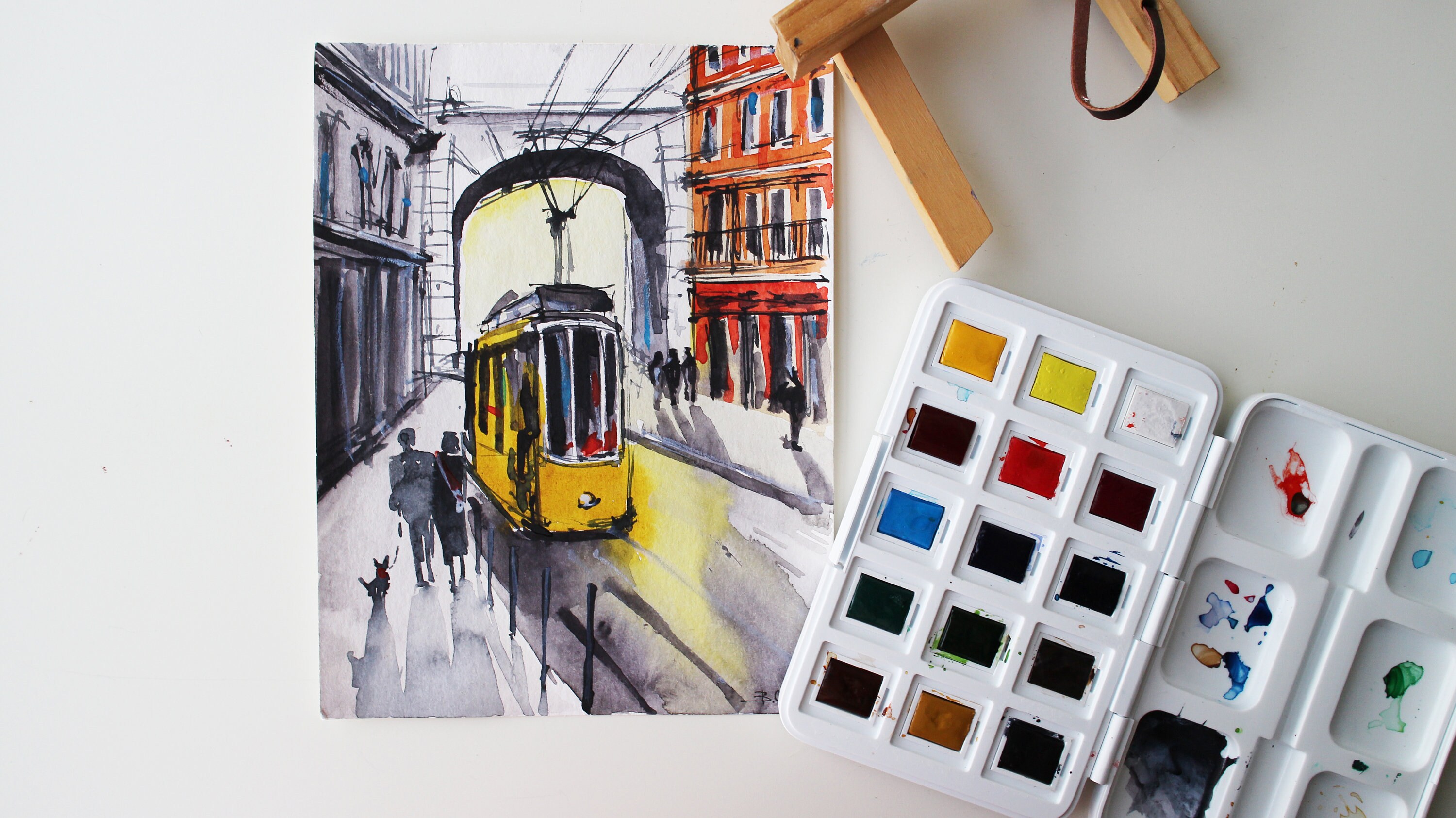 Tram Painting Watercolor Original Framed Cityscape Tram | Etsy