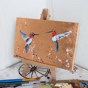 Hummingbird Colibri Coruscans Oil Painting With Bronze Leaf | Etsy