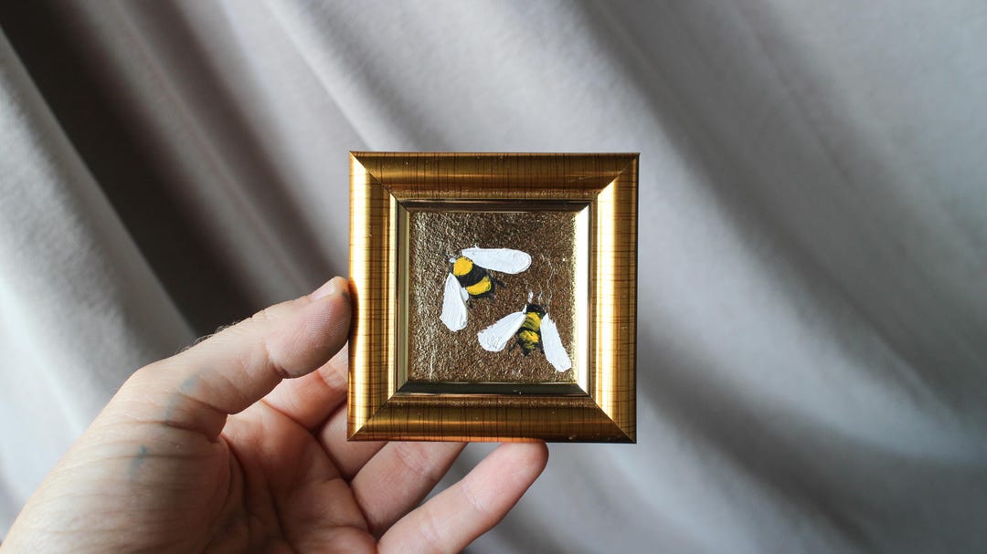 Framed Bee Mini Oil Painting, Gold Leaf Artwork (2x2) - Etsy