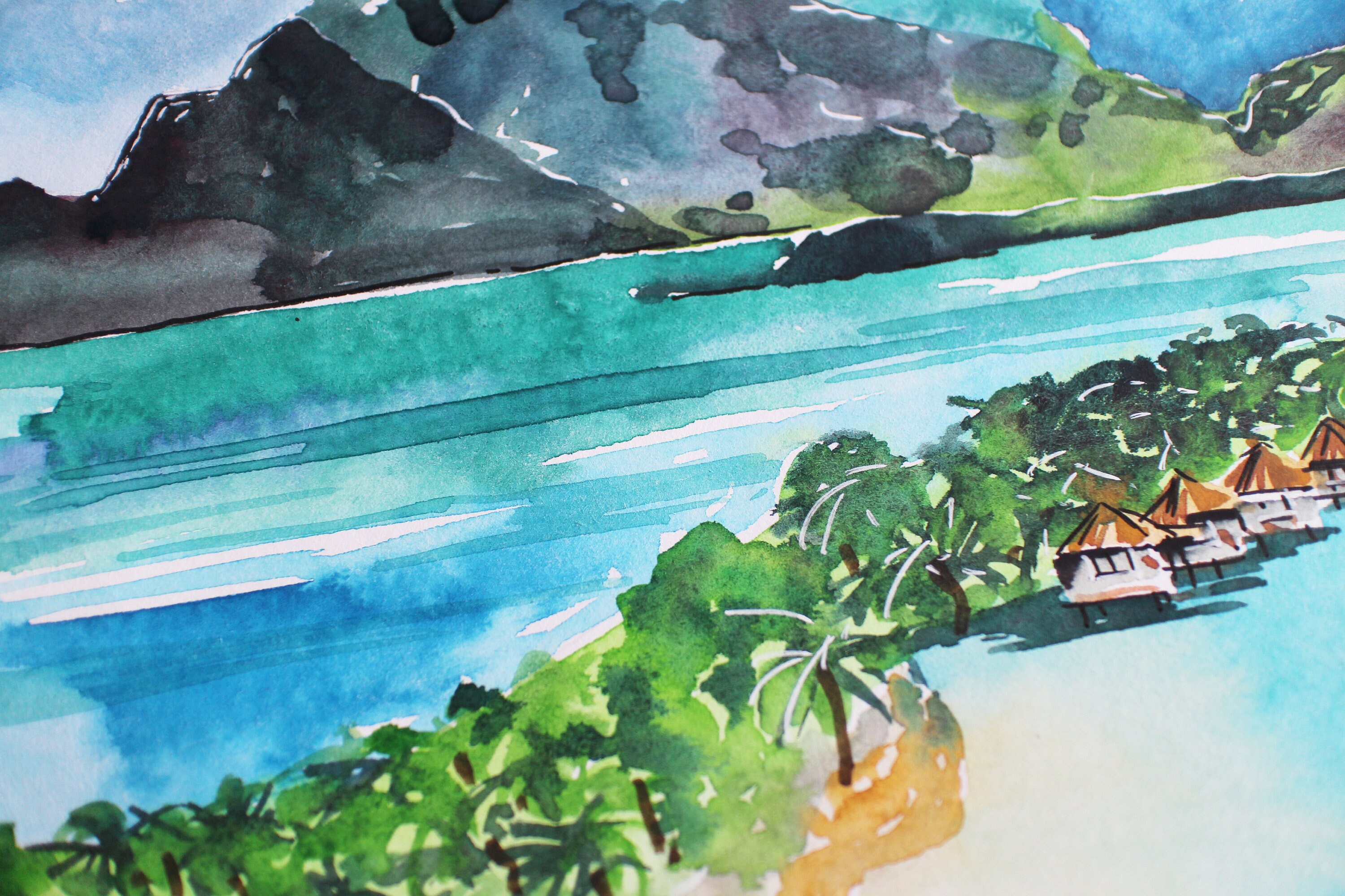 Bora Bora Painting: Original Watercolor Ocean Sketch, Framed Wall Art ...