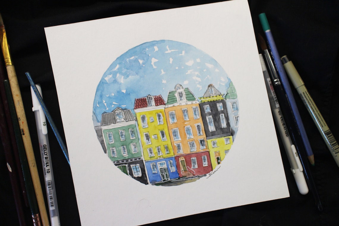 Street scene Old city house town cityscape painting watercolor | Etsy