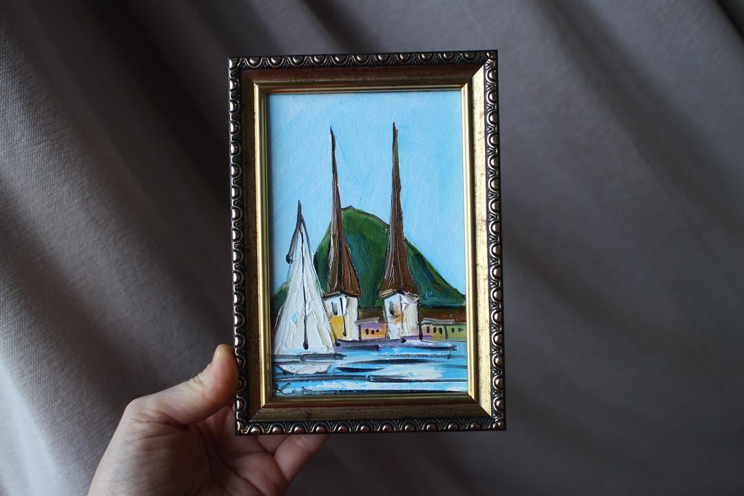 Lake Lucerne Switzerland Castle: Original Oil Painting, Framed (4x6 ...