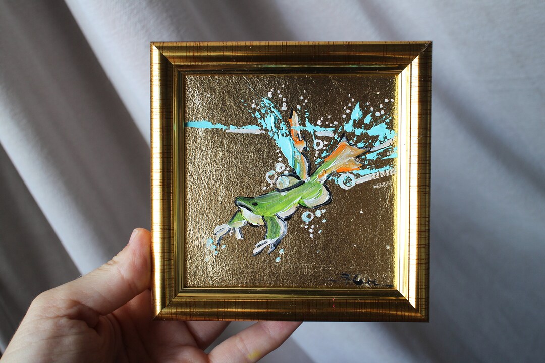 Toad Anuran Underwater Oil Painting, Gold Leaf Original, 4x4 Framed Art ...