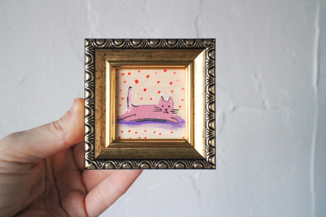 Mini Oil Painting Pink Cat: Original Handmade Framed Art (2x2 In) - Etsy