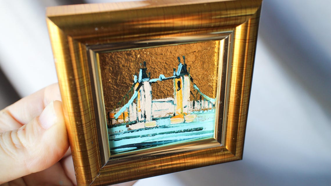 London Tower Bridge Oil Painting With Gold Leaf - Framed Original Art ...