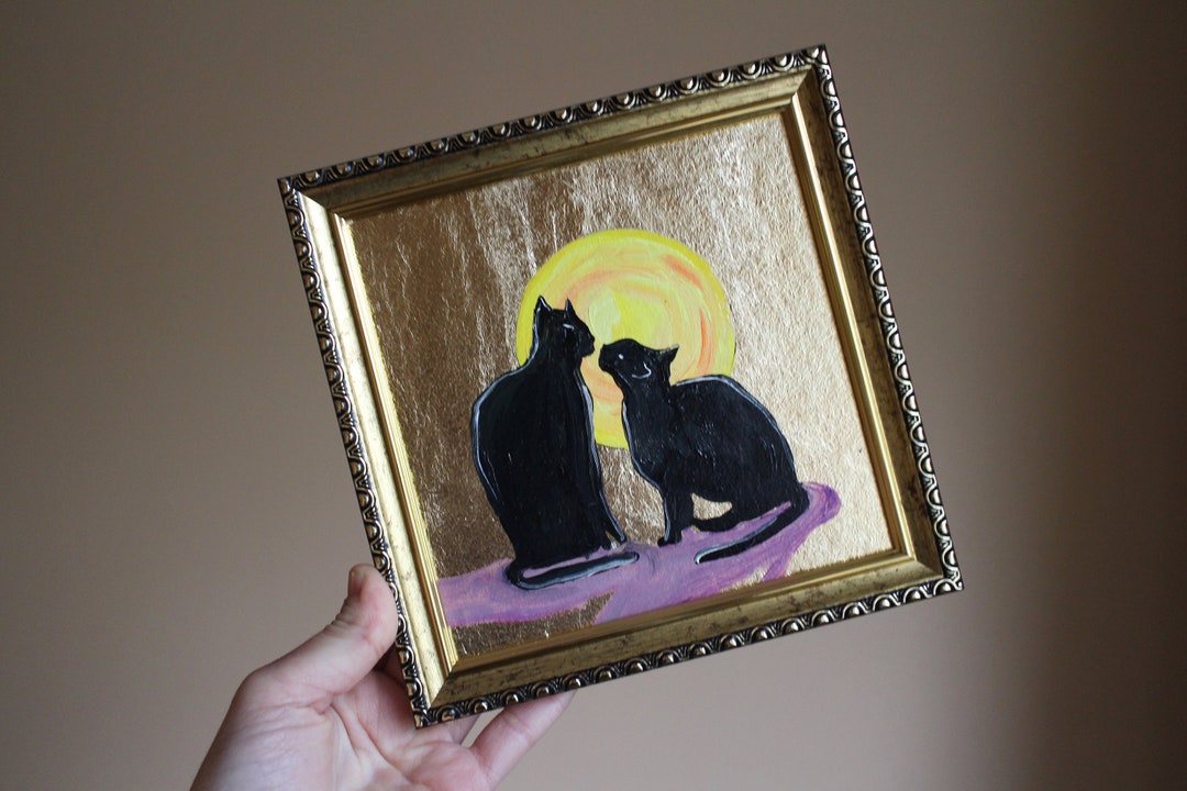 Cats Lovers Oil Painting With Gold Leaf Original Framed 6x6 - Etsy