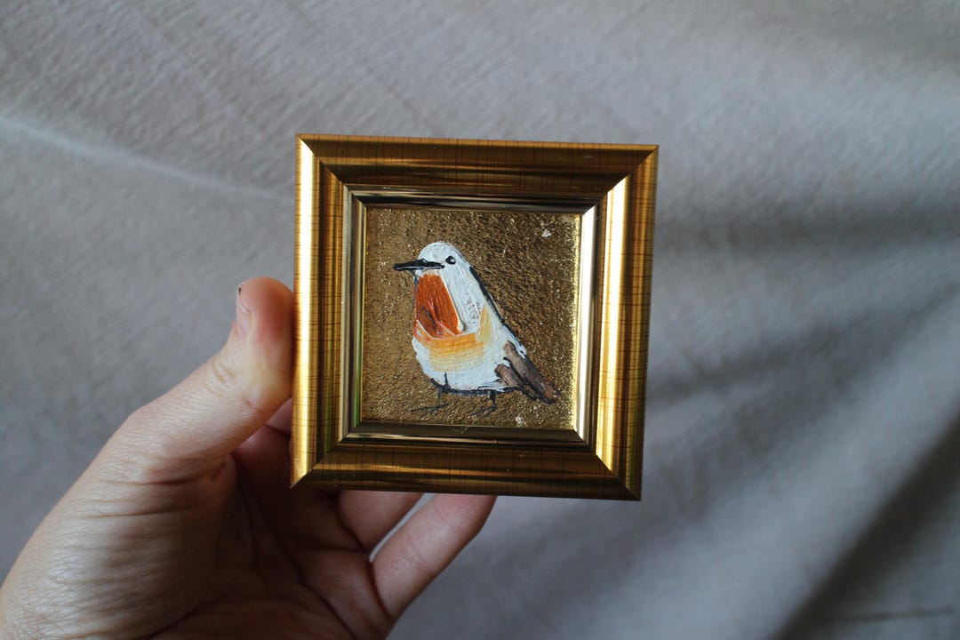 Robin Birds Oil Painting With Gold Leaf Framed 2x2 Gold Leaf Art Robin ...