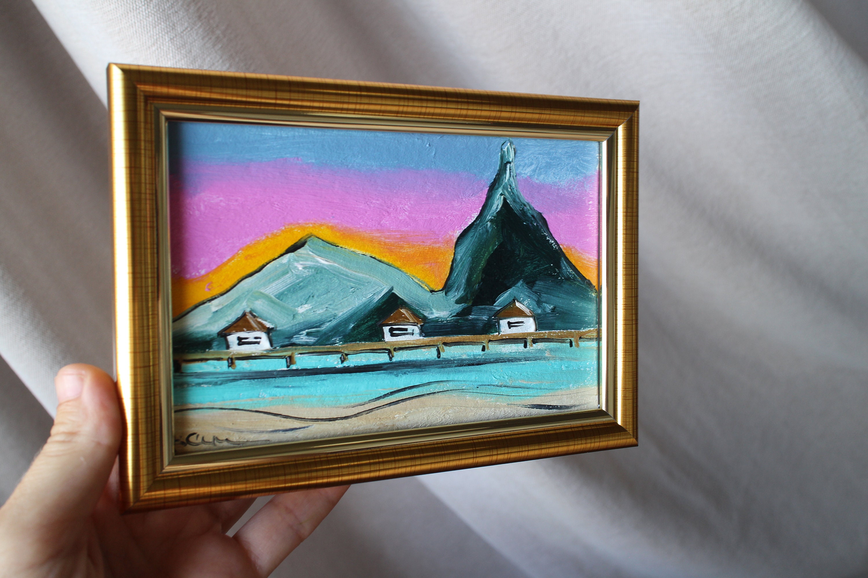 Bora Bora Oil Painting, Original Framed Seascape, Impasto Art (4x6 Inch ...