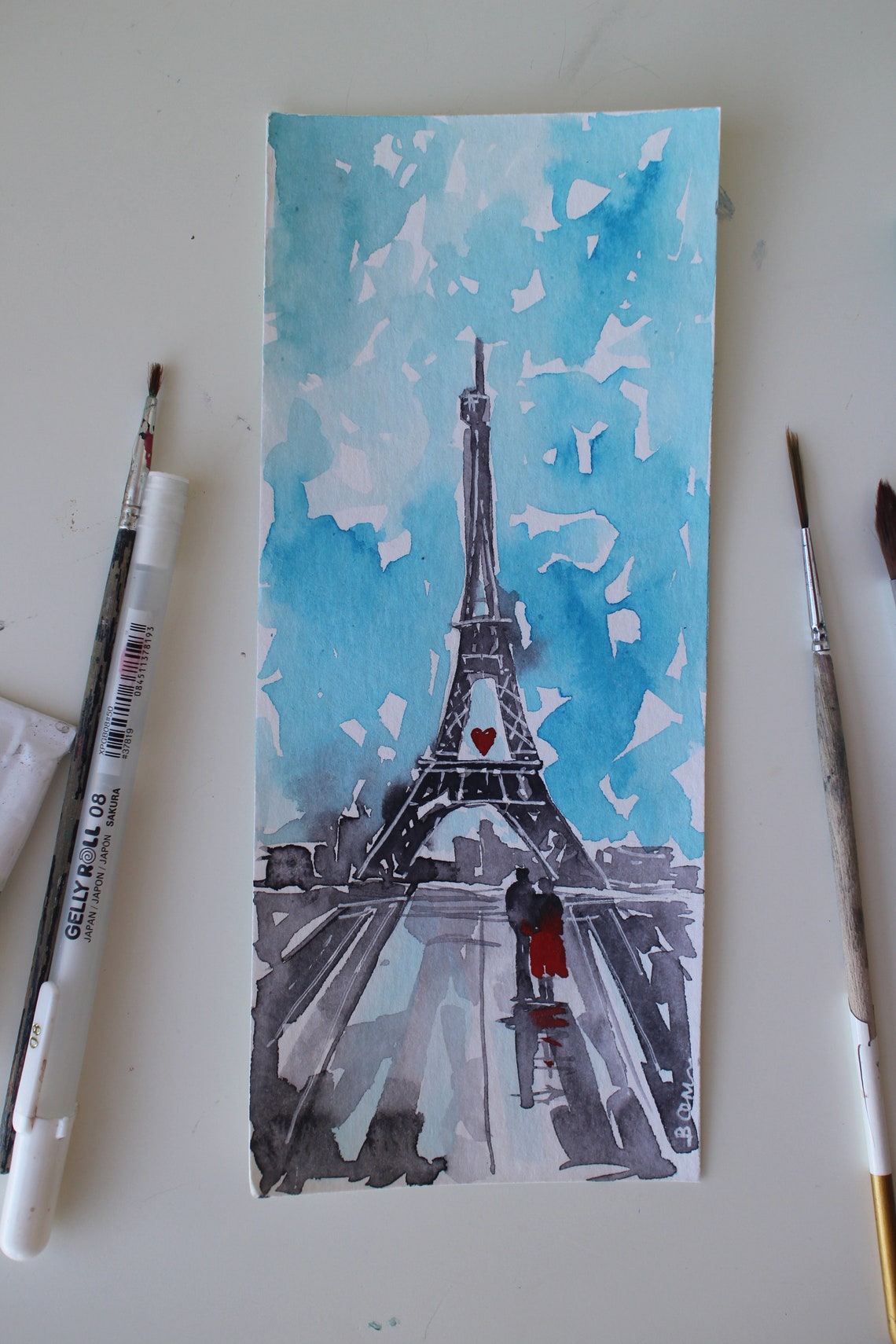 Paris Eiffel Tower lovers painting watercolor original framed | Etsy
