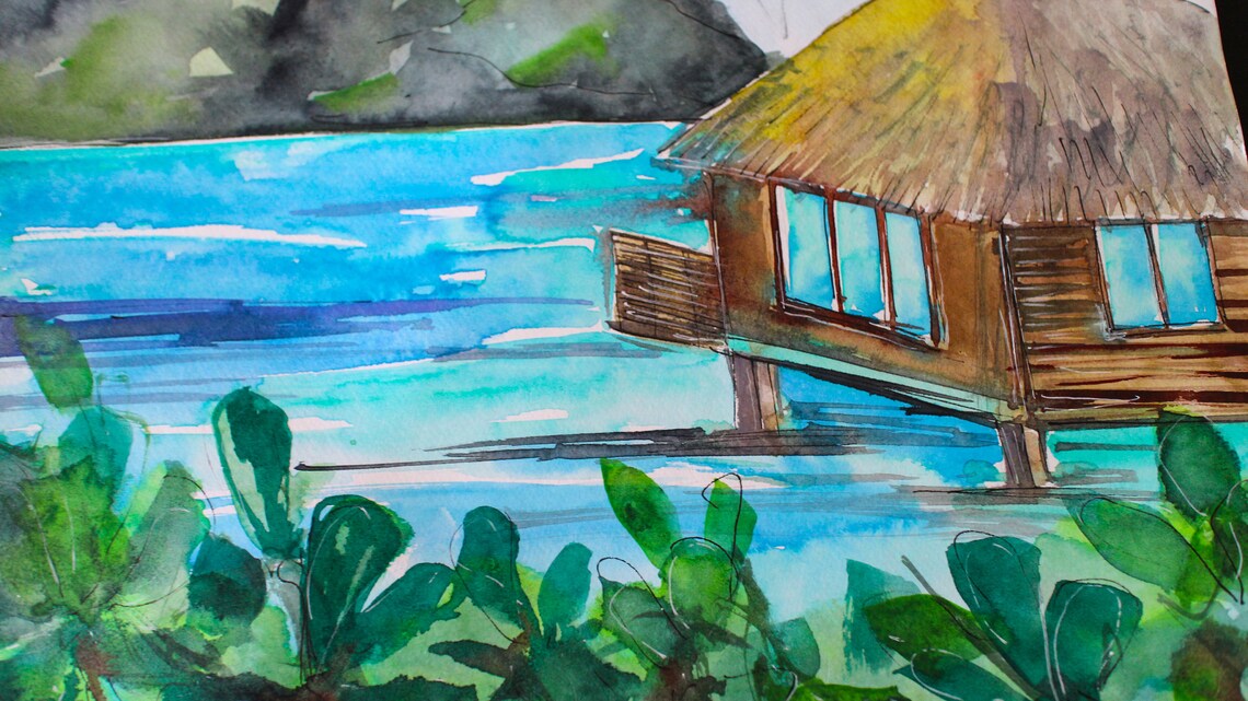 Le Meridien Bora Bora Painting Watercolor Sketch Framed | Etsy
