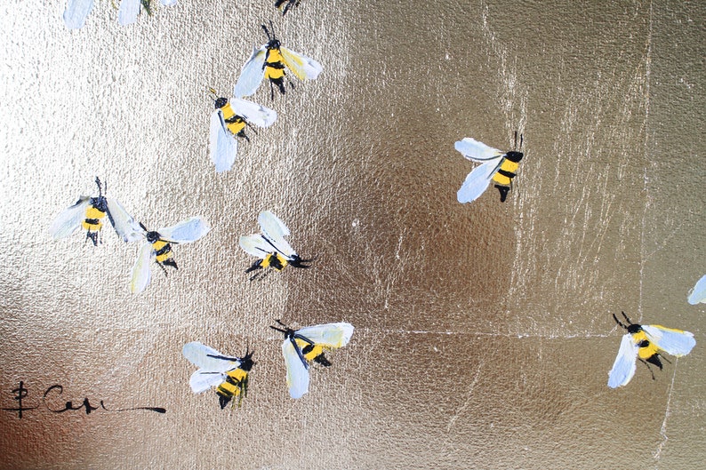Honey Bee Oil Painting: Gold Leaf Abstract Art, Framed 12x24 - Etsy