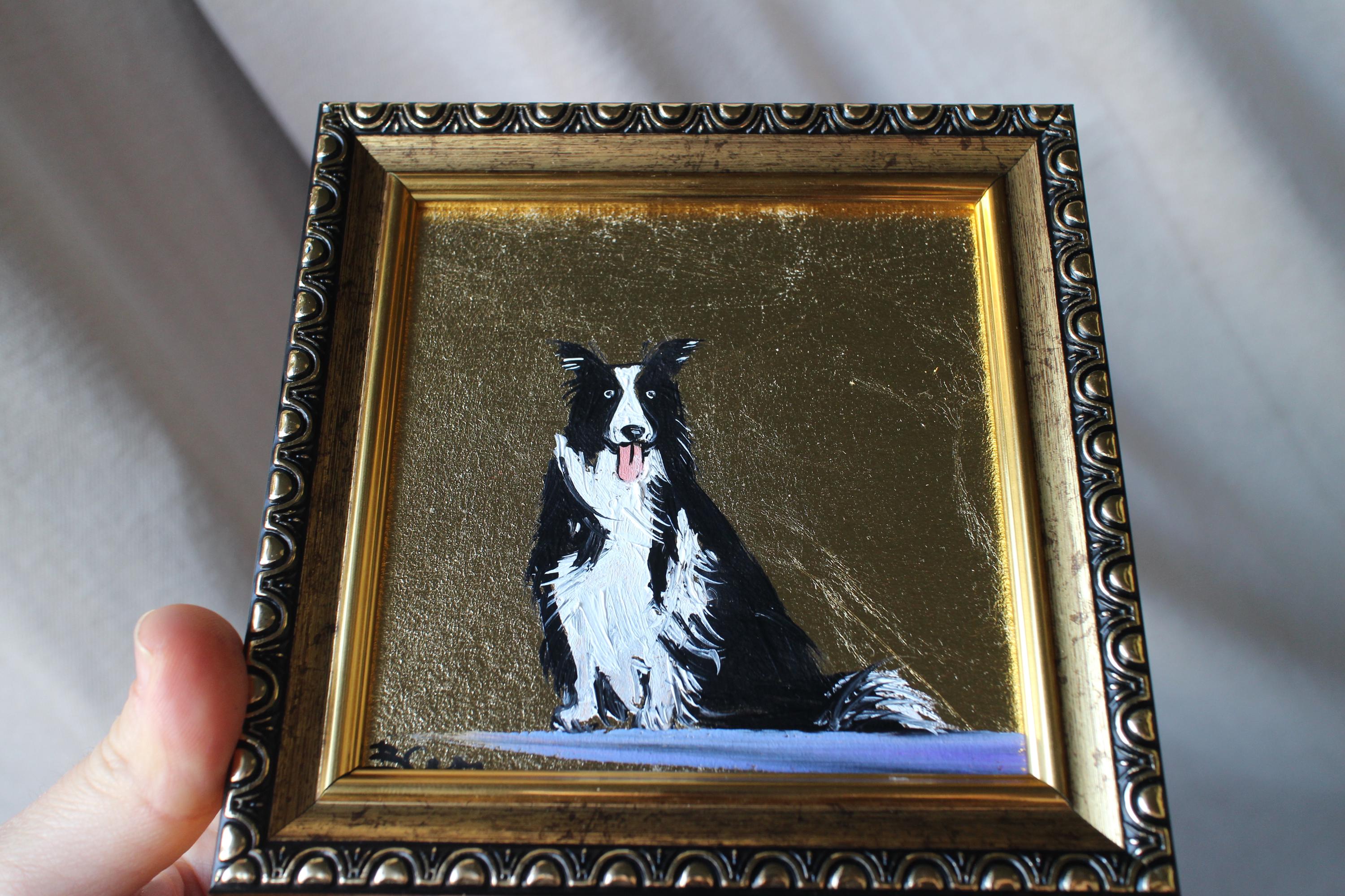 Border Collie Oil Painting With Gold Leaf - Framed Dog Portrait (4x4 ...