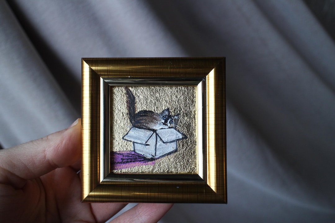 Ragdoll Cat in a Box Oil Painting With Gold Leaf 2x2 Original Painting ...